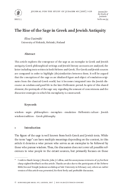 (PDF) "The Rise of the Sage in Greek and Jewish Antiquity," Journal for ...