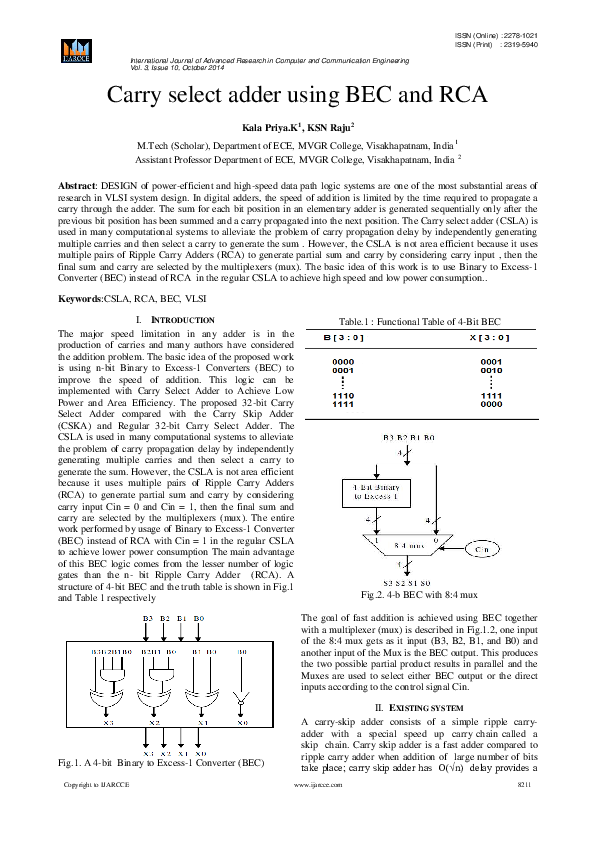 (PDF) Carry select adder using BEC and RCA