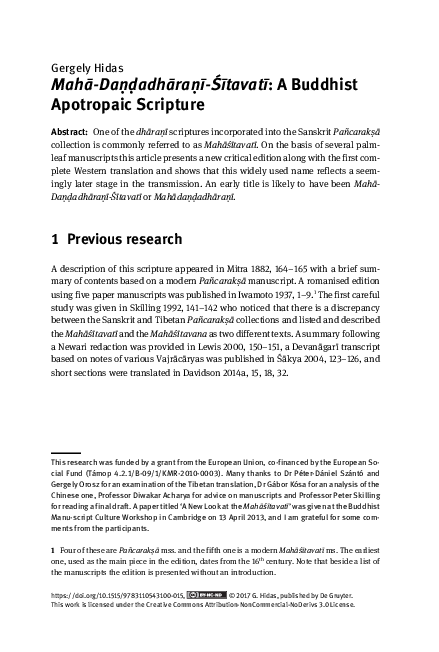 (PDF) Mahā-Daṇḍadhāraṇī-Śītavatī: A Buddhist Apotropaic Scripture. In ...