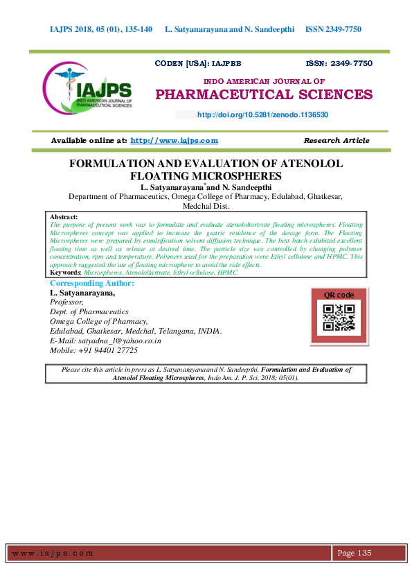 Pdf Formulation And Evaluation Of Atenolol Floating Microspheres