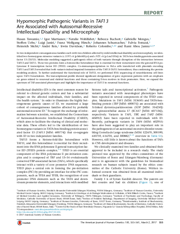 (PDF) Hypomorphic Pathogenic Variants in TAF13 Are Associated with ...
