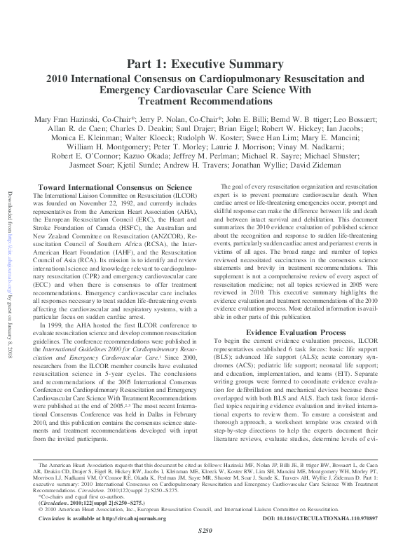 (PDF) Part 1: Executive Summary: 2010 International Consensus on Cardiopulmonary Resuscitation ...
