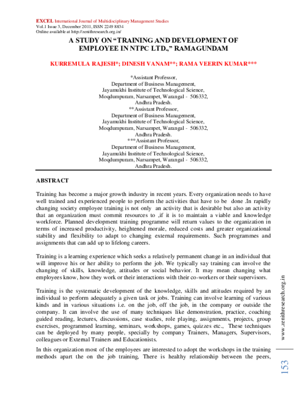 (PDF) A STUDY ON " TRAINING AND DEVELOPMENT OF EMPLOYEE IN NTPC LTD ...