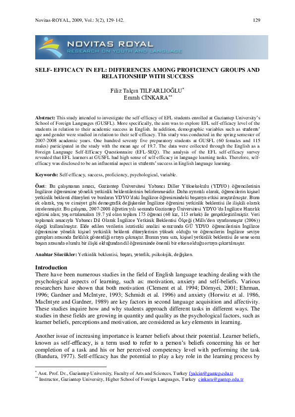 (PDF) Self-Efficacy in EFL: Difference among Proficiency Groups and ...
