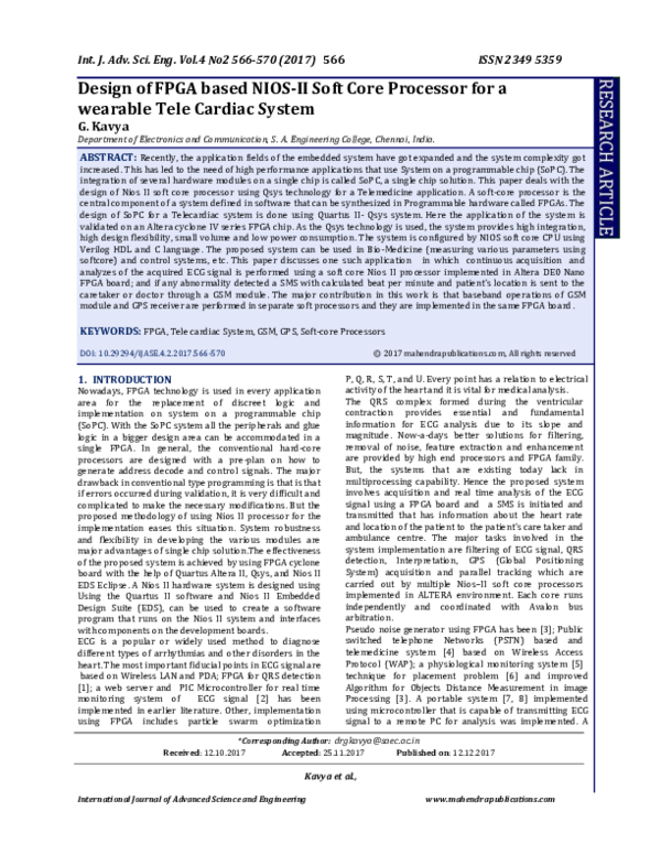 Pdf Design Of Fpga Based Nios Ii Soft Core Processor For A Wearable Tele Cardiac System 