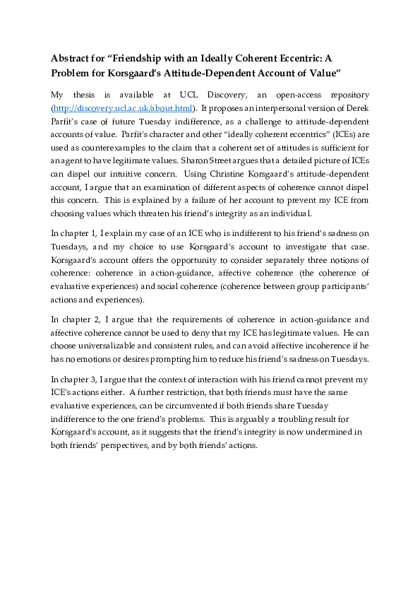 (DOC) Abstract for MPhil Thesis: " Friendship with an Ideally Coherent ...