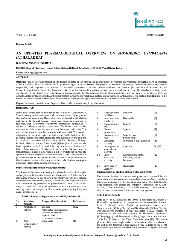 (PDF) AN UPDATED PHARMACOLOGICAL OVERVIEW ON MOMORDICA CYMBALARIA ...