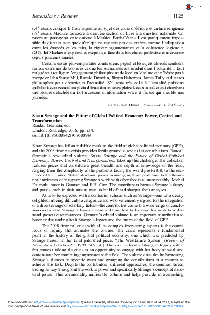 (PDF) Susan Strange and the Future of Global Political Economy - Review