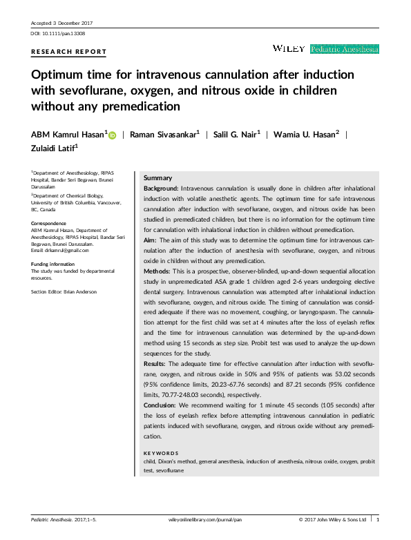 (PDF) Optimum time for intravenous cannulation after induction with ...