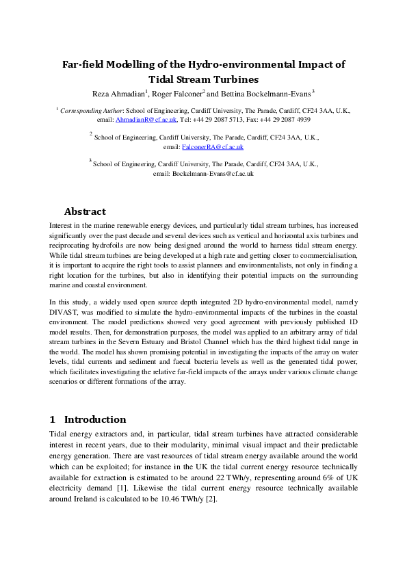 (PDF) Far-field modelling of the hydro-environmental impact of tidal stream turbines.
