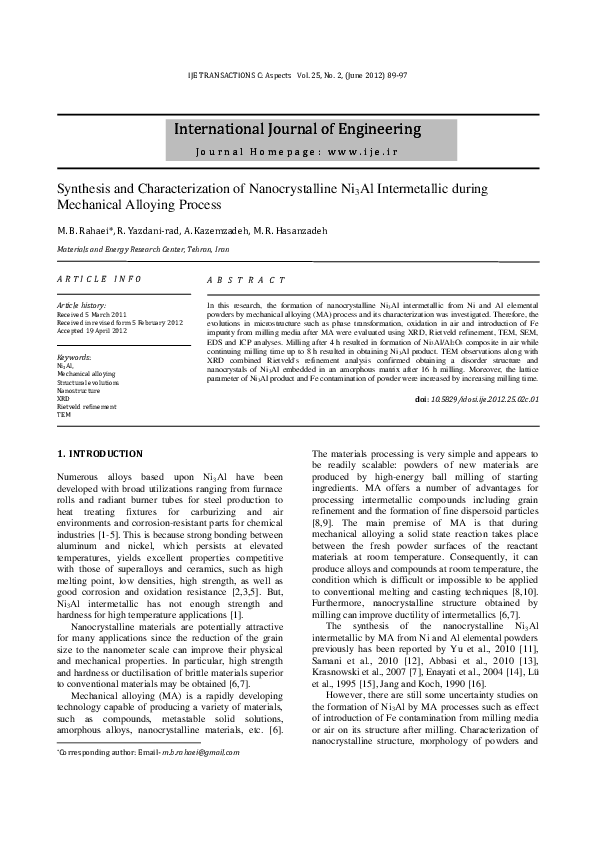 (PDF) Synthesis and Characterization of Nanocrystalline Ni 3 Al Intermetallic during Mechanical ...