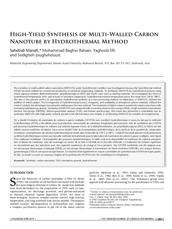 (PDF) High-Yield Synthesis of Multi-Walled Carbon Nanotube by Hydrothermal Method