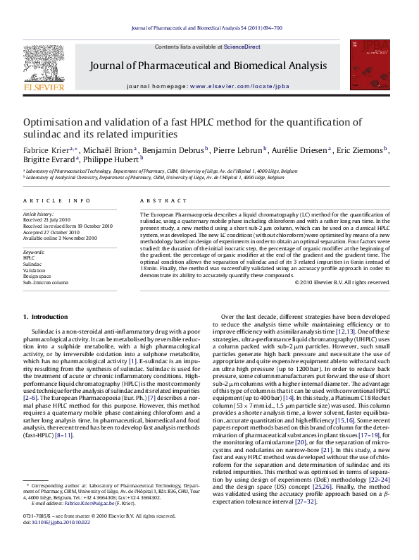 Pdf Optimisation And Validation Of A Fast Hplc Method For The Quantification Of Sulindac And