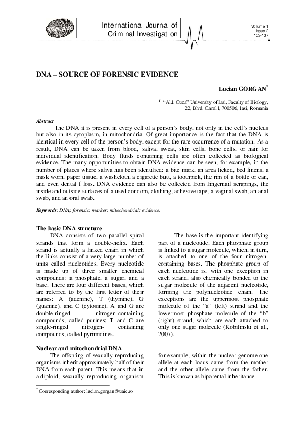 (PDF) DNA – SOURCE OF FORENSIC EVIDENCE