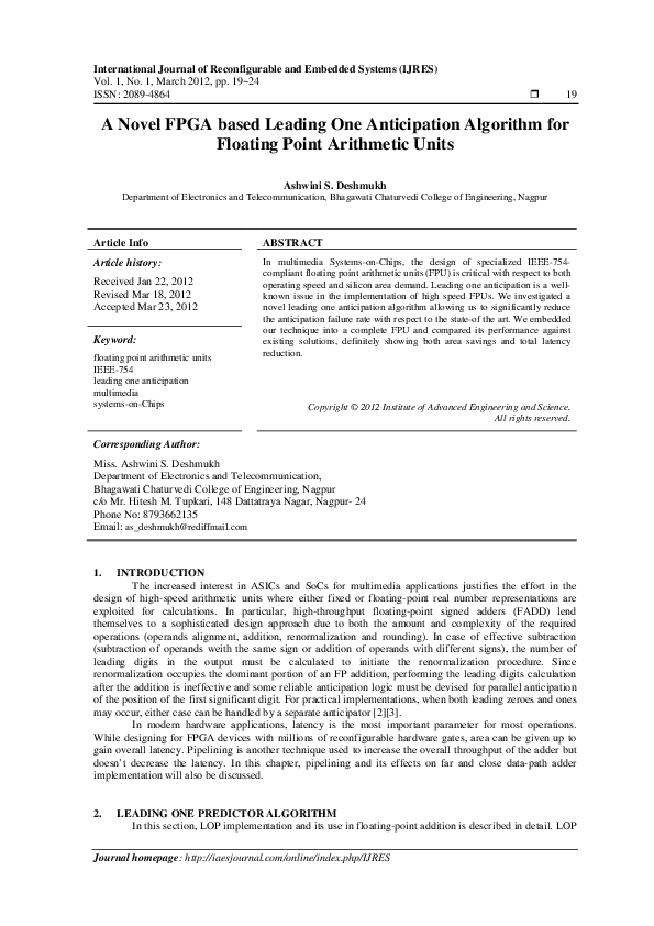 Pdf A Novel Fpga Based Leading One Anticipation Algorithm For Floating Point Arithmetic Units