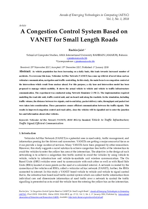 Pdf A Congestion Control System Based On Vanet For Small Length Roads