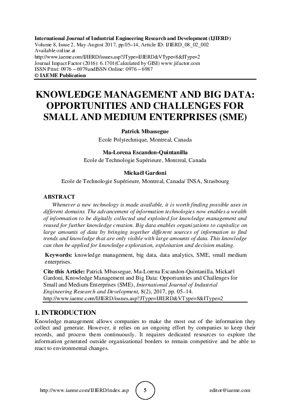 (PDF) KNOWLEDGE MANAGEMENT AND BIG DATA: OPPORTUNITIES AND CHALLENGES ...