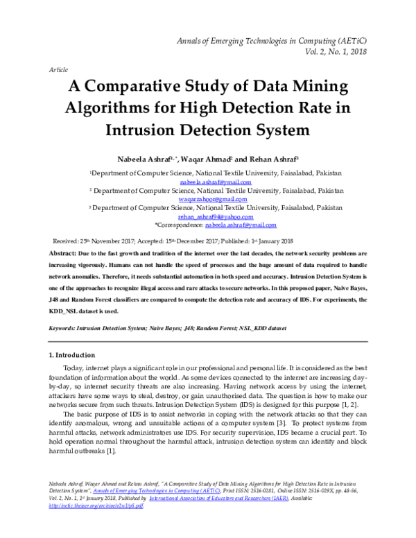 (PDF) A Comparative Study of Data Mining Algorithms for High Detection Rate in Intrusion ...
