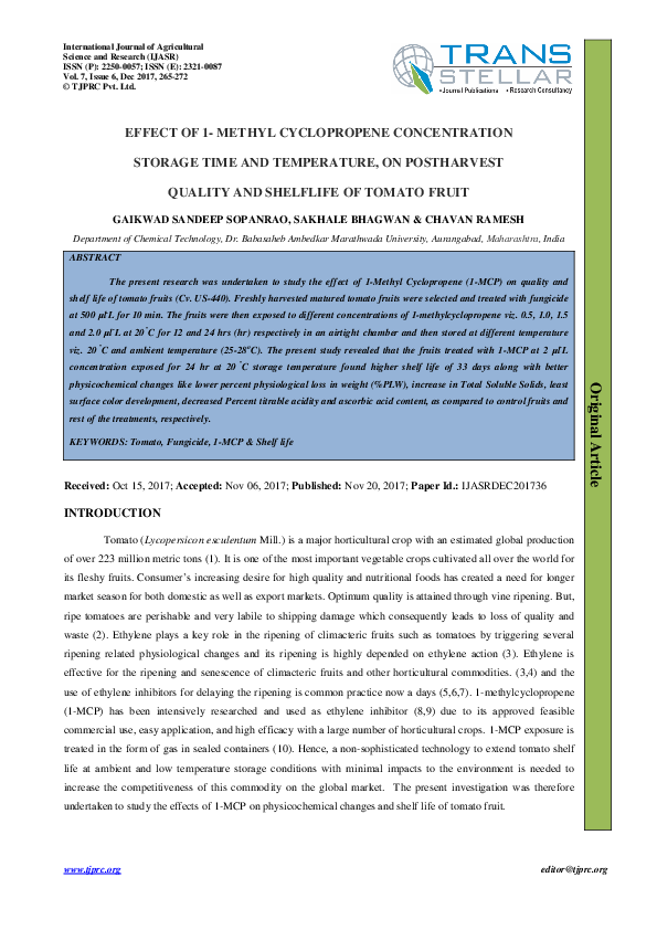 (PDF) EFFECT OF 1-METHYL CYCLOPROPENE CONCENTRATION STORAGE TIME AND TEMPERATURE, ON POSTHARVEST ...