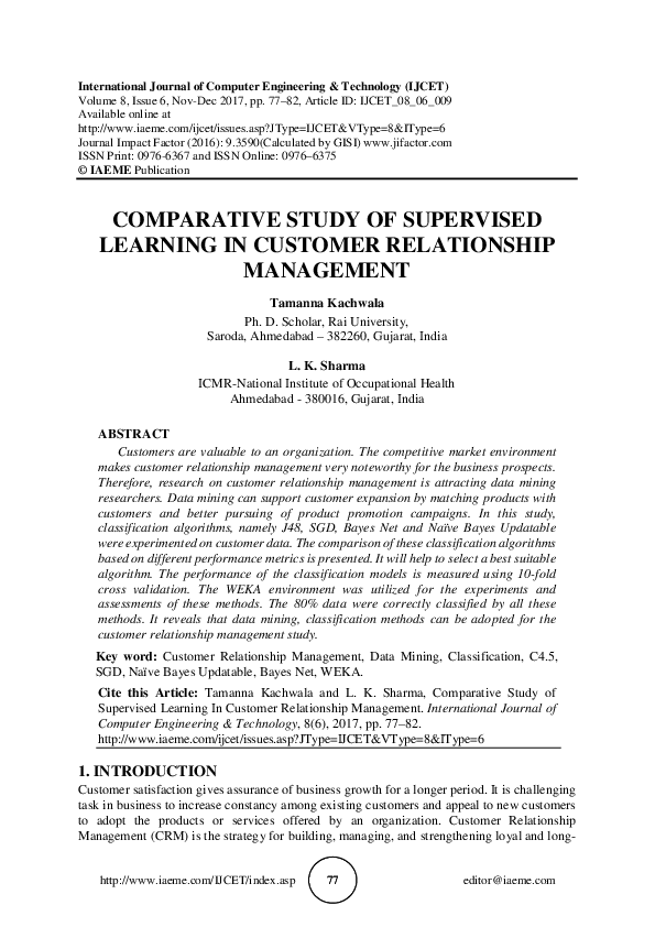 (PDF) COMPARATIVE STUDY OF SUPERVISED LEARNING IN CUSTOMER RELATIONSHIP MANAGEMENT