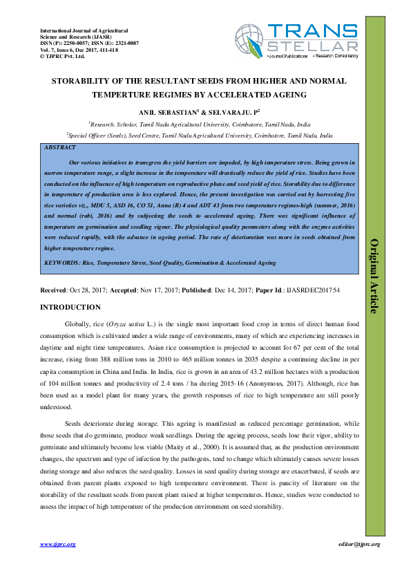 (PDF) STORABILITY OF THE RESULTANT SEEDS FROM HIGHER AND NORMAL ...