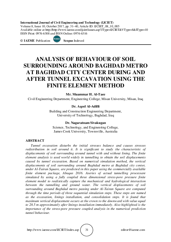 (PDF) ANALYSIS OF BEHAVIOUR OF SOIL SURROUNDING AROUND BAGHDAD METRO AT BAGHDAD CITY CENTER ...