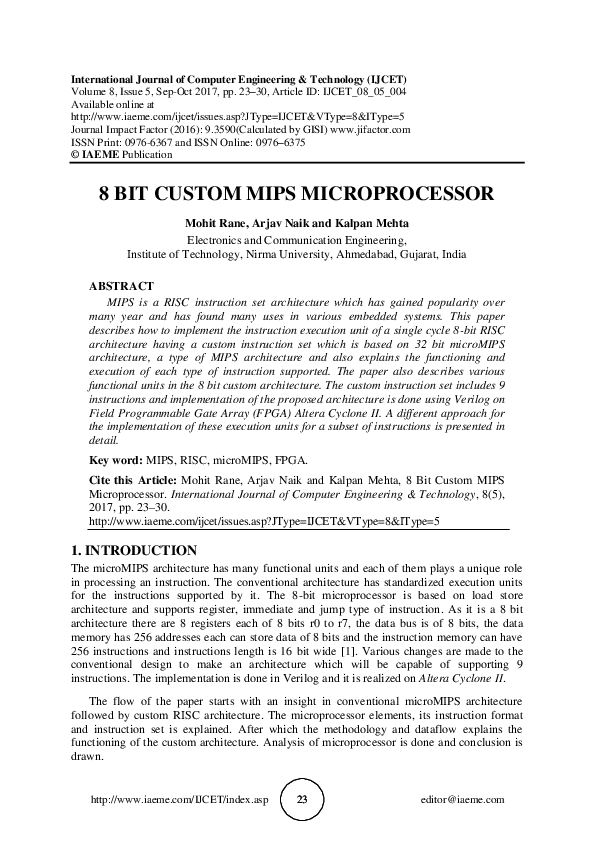 (PDF) 8 BIT CUSTOM MIPS MICROPROCESSOR