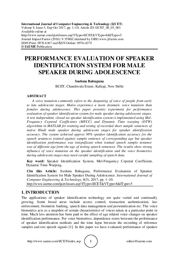 Pdf Performance Evaluation Of Speaker Identification System For Male Speaker During Adolescence