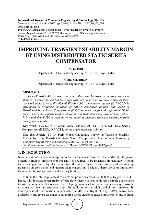 (PDF) IMPROVING TRANSIENT STABILITY MARGIN BY USING DISTRIBUTED STATIC SERIES COMPENSATOR