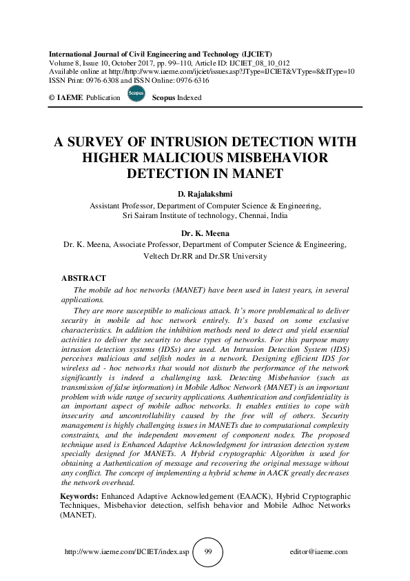 (PDF) A SURVEY OF INTRUSION DETECTION WITH HIGHER MALICIOUS MISBEHAVIOR DETECTION IN MANET ...