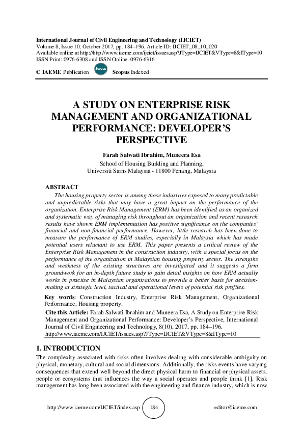 (PDF) A STUDY ON ENTERPRISE RISK MANAGEMENT AND ORGANIZATIONAL ...