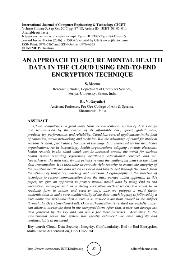 (PDF) AN APPROACH TO SECURE MENTAL HEALTH DATA IN THE CLOUD USING END-TO-END ENCRYPTION TECHNIQUE