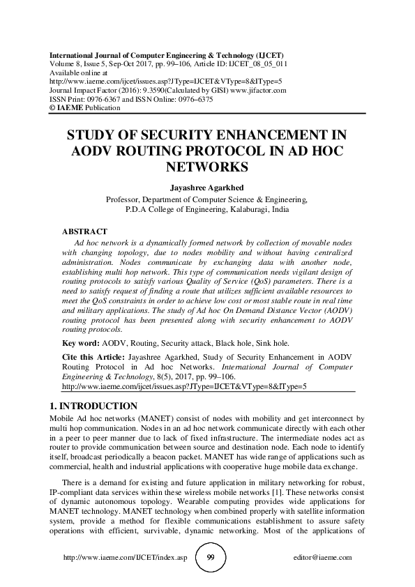 (PDF) STUDY OF SECURITY ENHANCEMENT IN AODV ROUTING PROTOCOL IN AD HOC NETWORKS