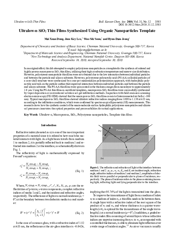 (PDF) Ultralow-n SiO2 Thin Films Synthesized Using Organic Nanoparticles Template