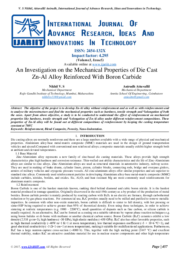 (PDF) An Investigation on the Mechanical Properties of Die Cast Zn-Al Alloy Reinforced With ...