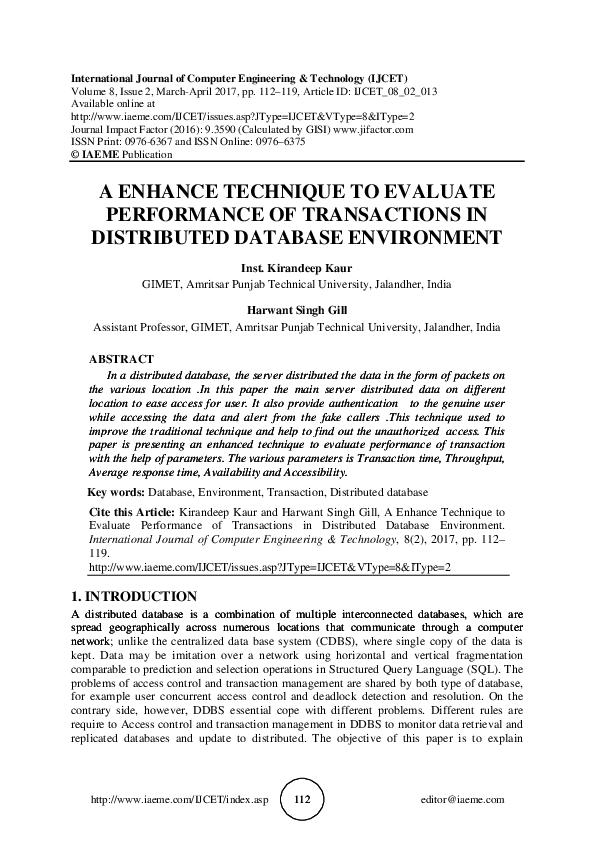 Pdf A Enhance Technique To Evaluate Performance Of Transactions In Distributed Database