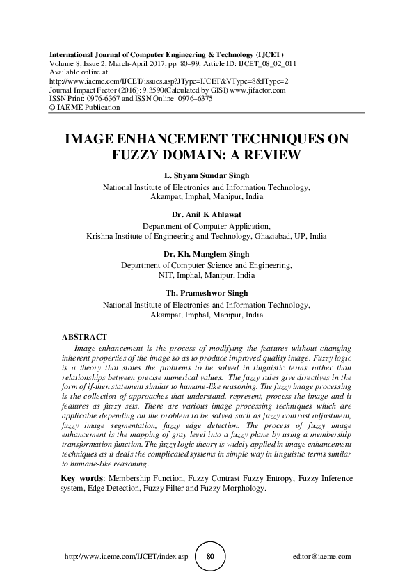 (PDF) IMAGE ENHANCEMENT TECHNIQUES ON FUZZY DOMAIN: A REVIEW