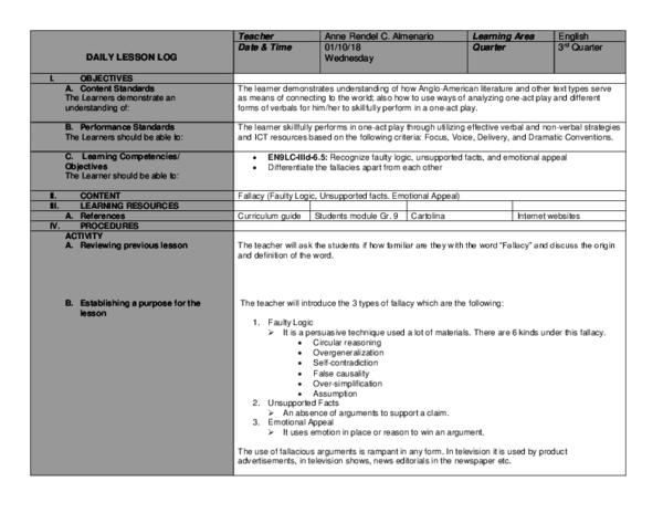 (DOC) Daily Lesson Log English (Fallacy)