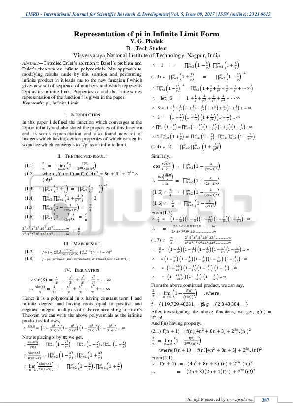 (PDF) Representation of pi in Infinite Limit Form