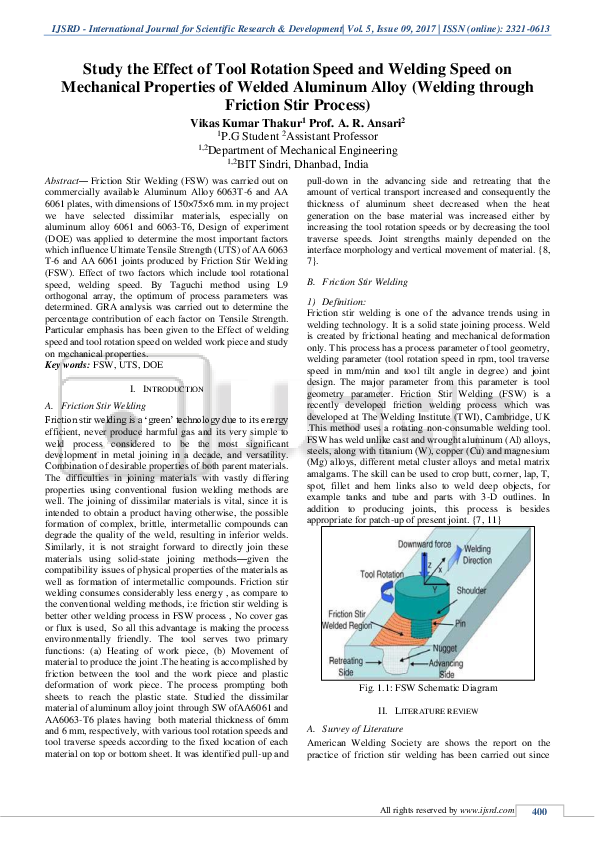 (PDF) Study the Effect of Tool Rotation Speed and Welding Speed on Mechanical Properties of ...