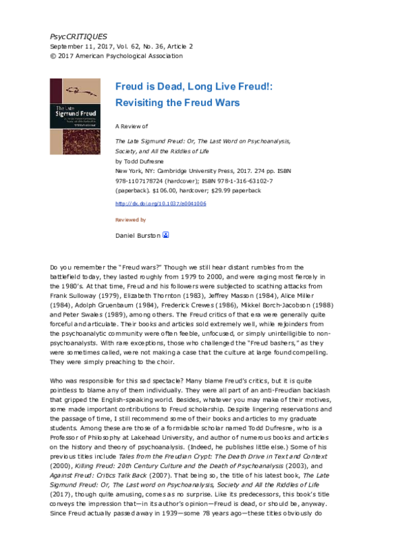 (PDF) The Late Sigmund Freud, by Todd Dufresne, reviewed by Daniel Burston