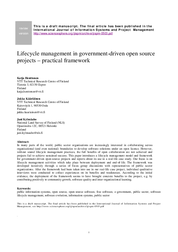 (PDF) Lifecycle management in government-driven open source projects ...