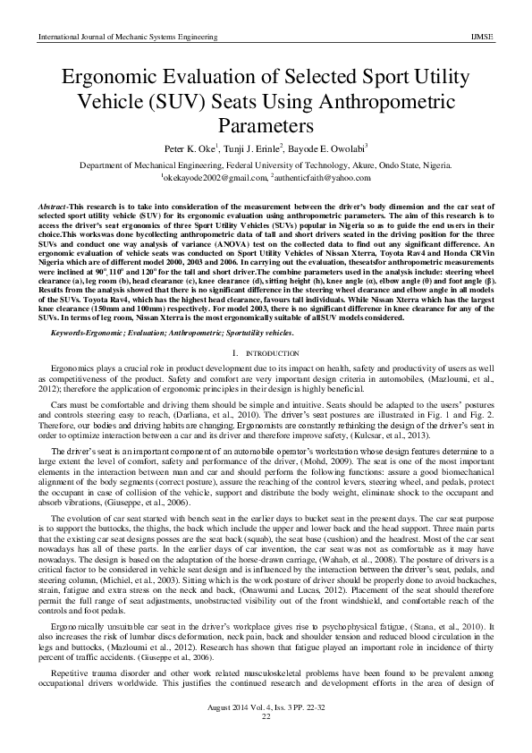 Pdf Ergonomic Evaluation Of Selected Sport Utility Vehicle Suv Seats Using Anthropometric