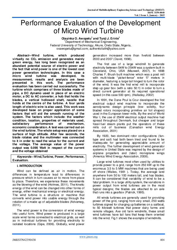 Pdf Performance Evaluation Of The Development Of Micro Wind Turbine