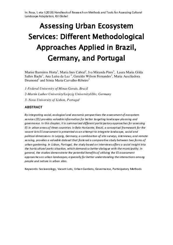 Pdf Assessing Urban Ecosystem Services Different Methodological