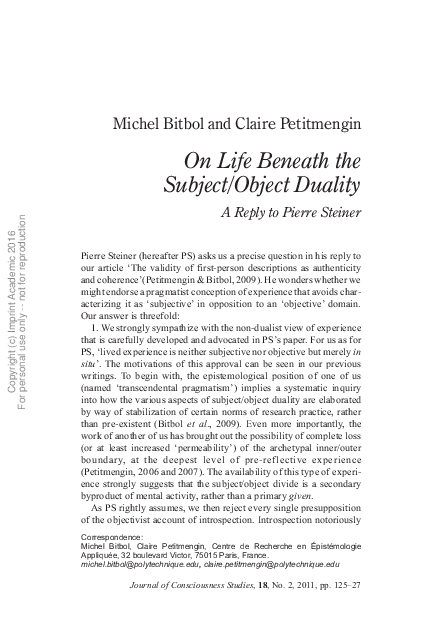 (PDF) On Life Beneath the Subject/Object Duality