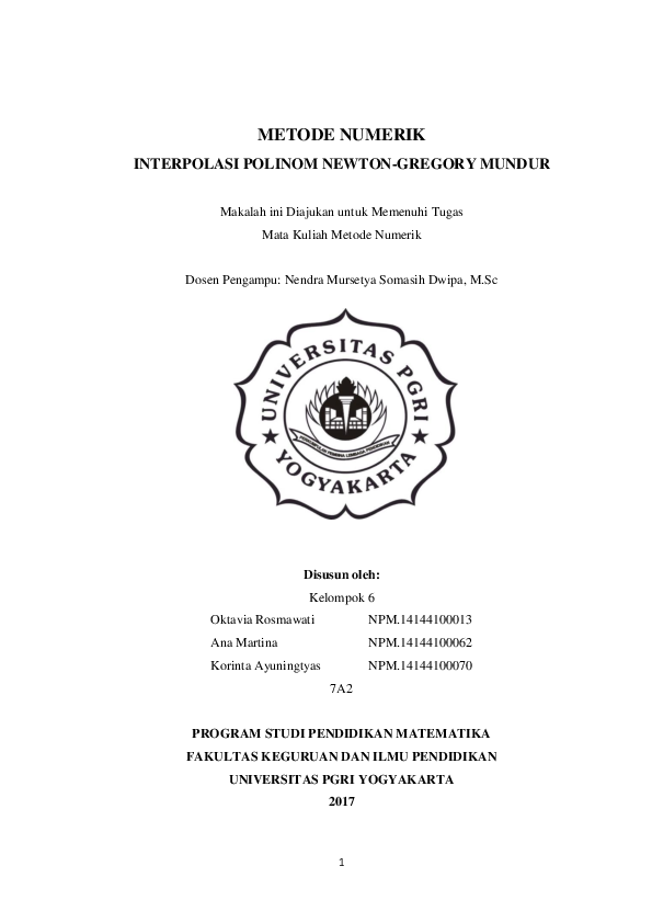 (PDF) METODE NUMERIK INTERPOLASI POLINOM NEWTON-GREGORY MUNDUR