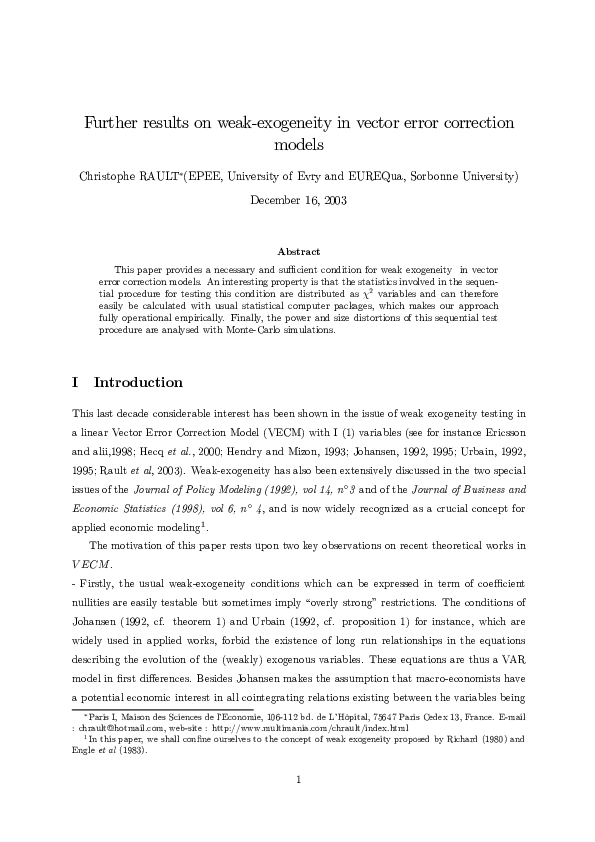(PDF) Further results on weak-exogeneity in vector error correction models