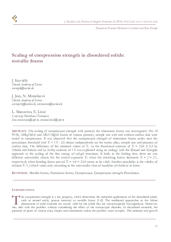 (PDF) Scaling of compression strength in disordered solids metallic ...