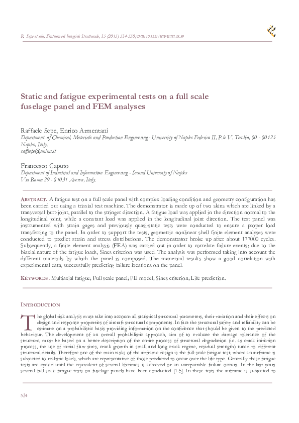 (PDF) Static and fatigue experimental tests on a full scale fuselage ...